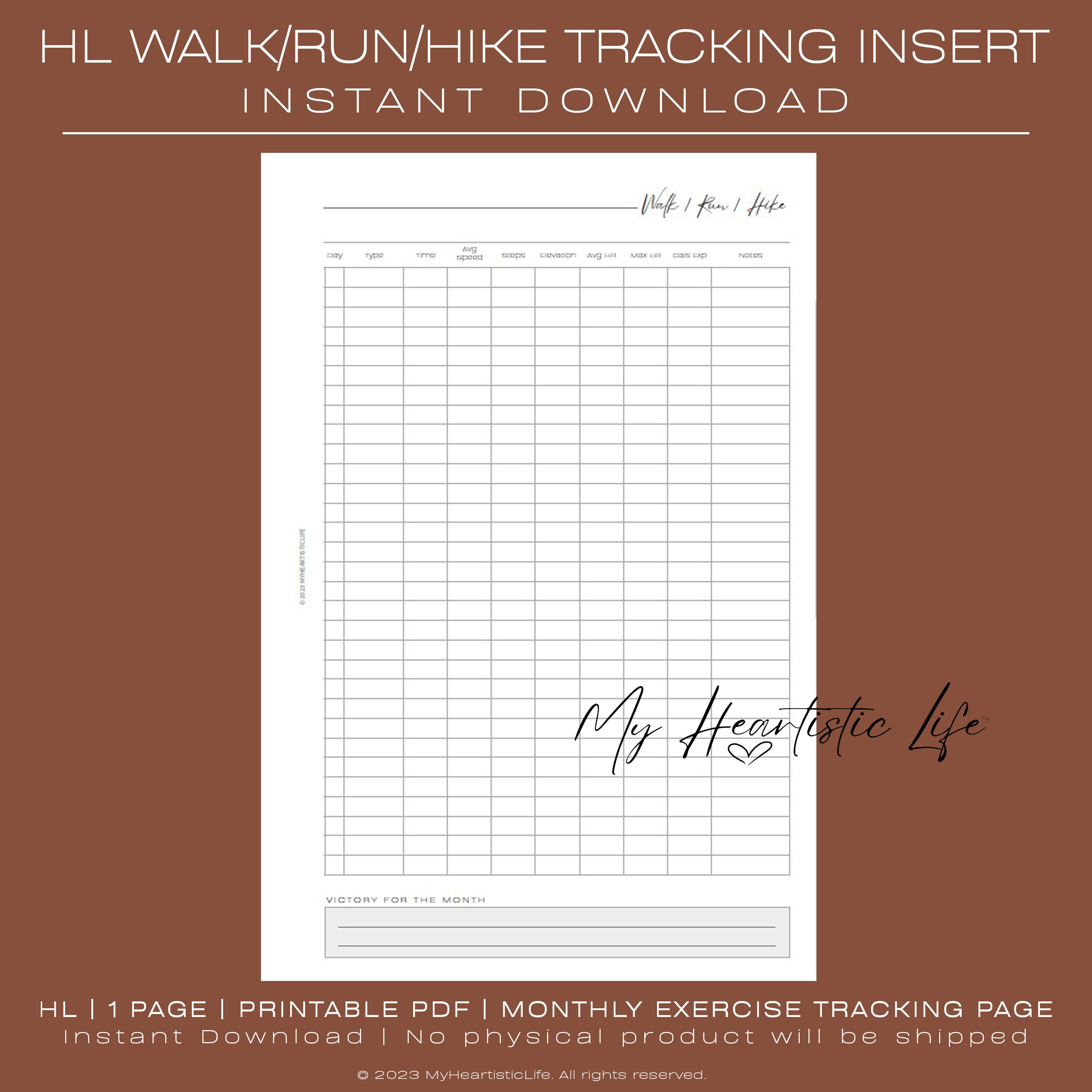 HL Walk/run/hike Tracker Printable Insert Month on 1 Page Health ...