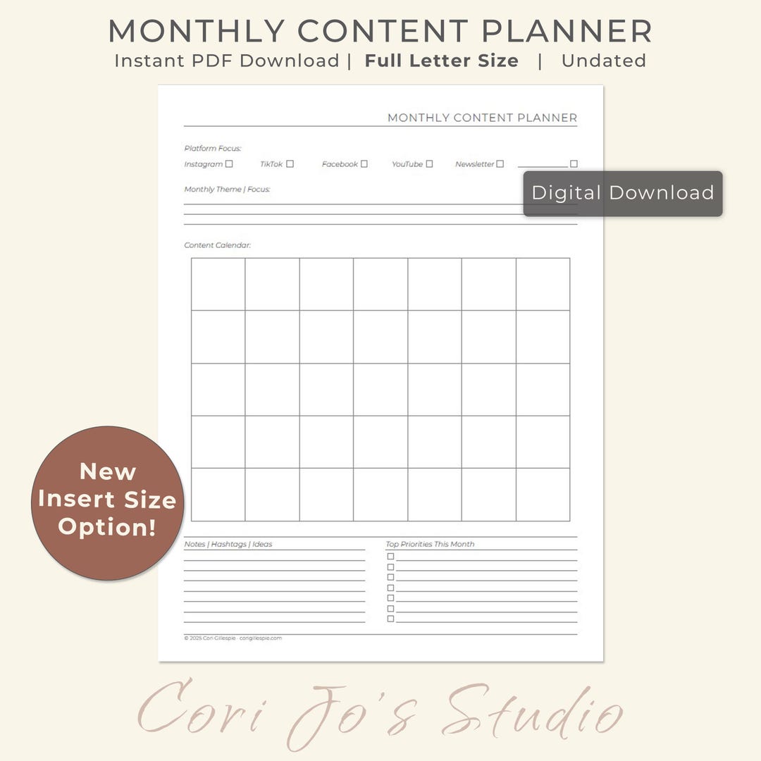 Printable Monthly Content Planner | Letter Size | Undated 5-week Grid ...