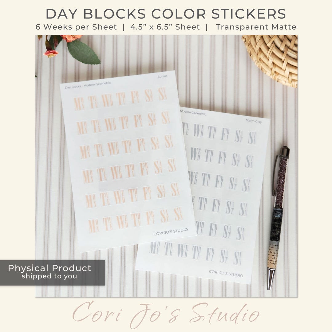 Day-of-the-week Blocks Planner Stickers | Modern Geometric Font, Matte ...