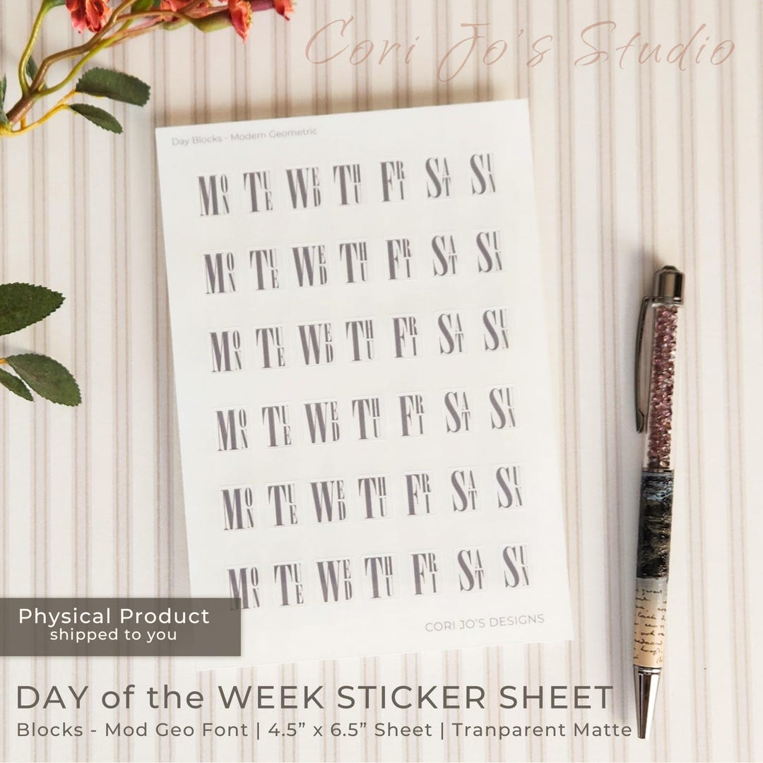 Day-of-the-week Blocks Planner Stickers | Modern Geometric Font, Matte ...