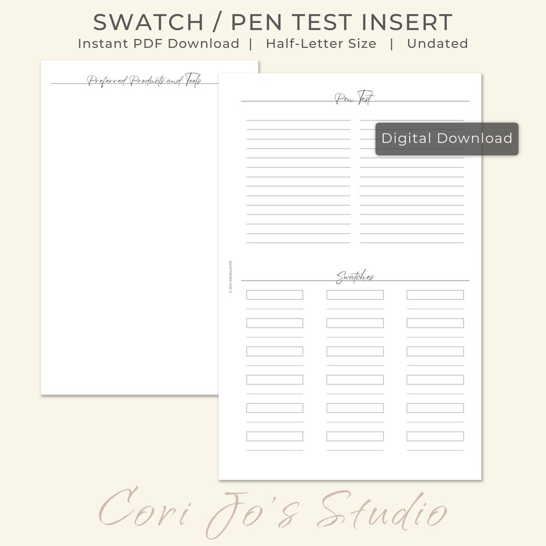 Pen Test Swatch Insert: Half-letter Printable Planner Page (PDF ...