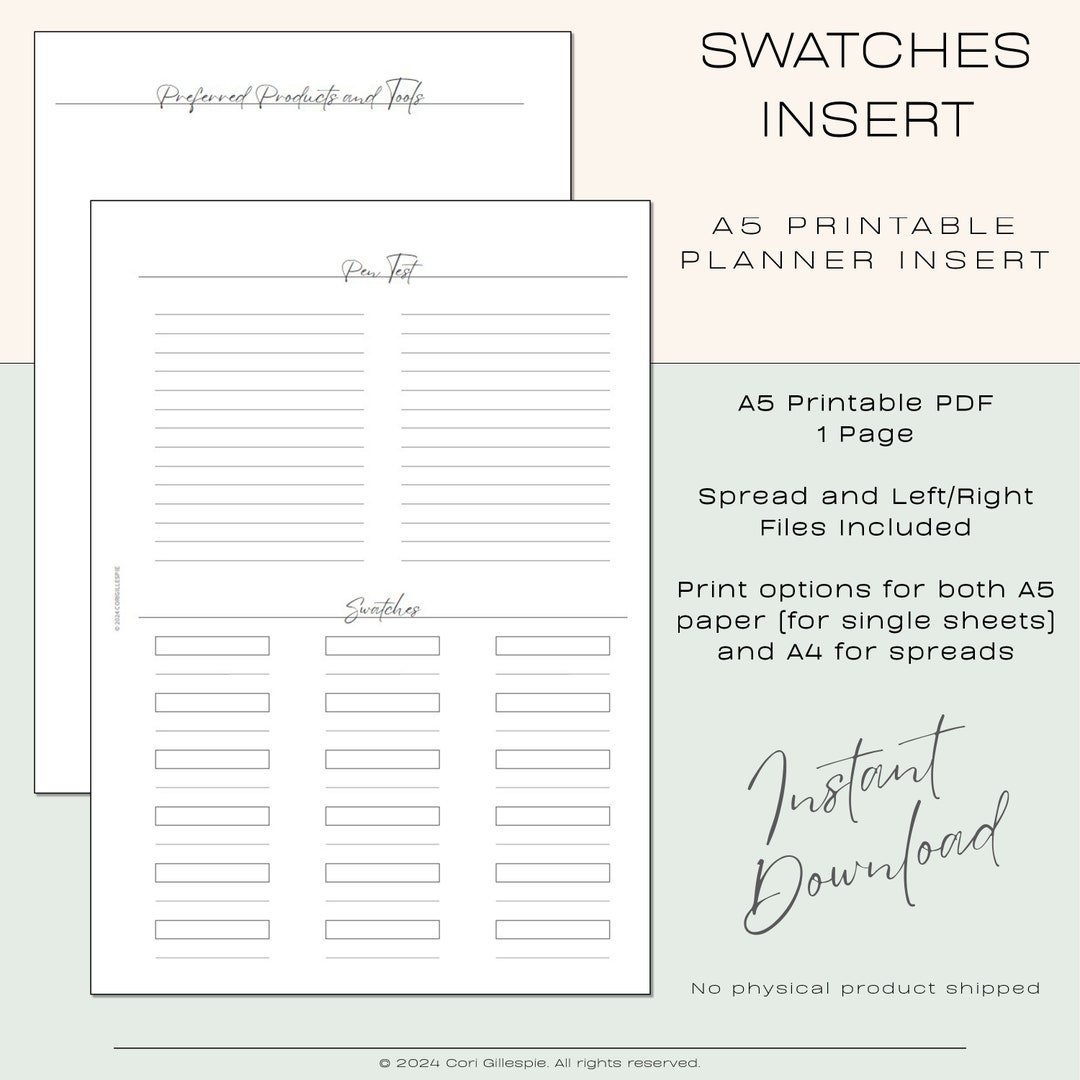 A5 Swatch Planner Printable | Pen Test Page | Printable Swatch Insert ...