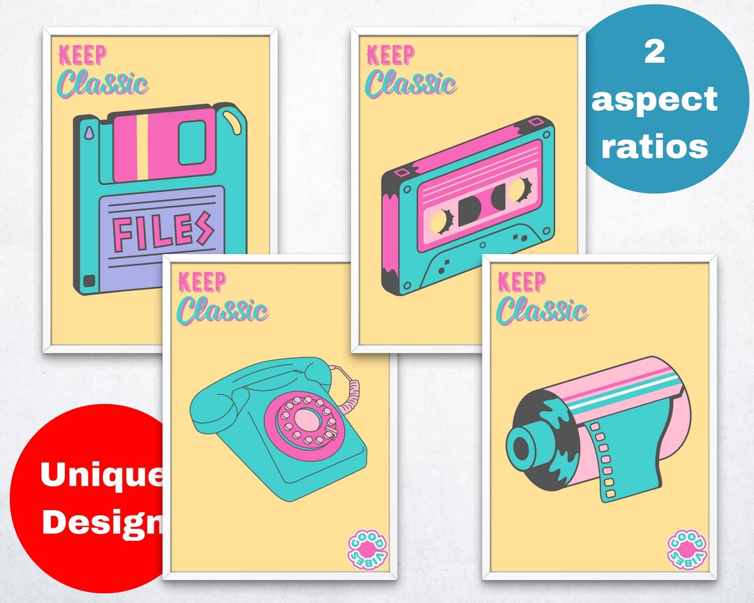 Set of 4 90s Posters, Phone, Film Roll, Cassette, Floppy Disk, Art ...