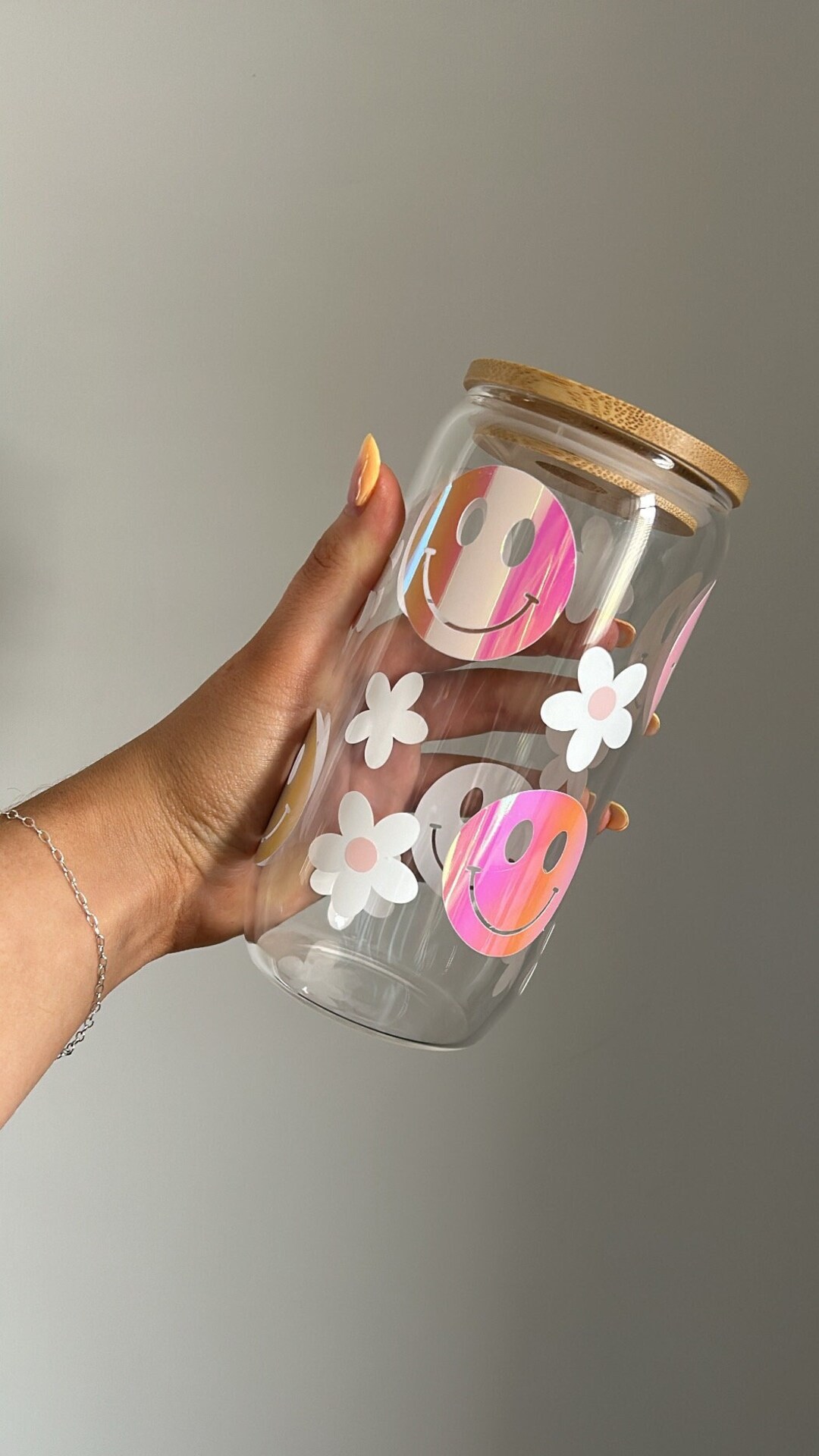 Smiley Face Glass Cup, Smiley Face Libby Glass, Coffee Bamboo Lid Can ...