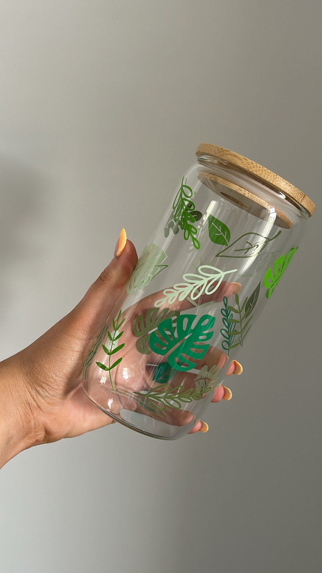 Leaf Glass Cup, Leaf Glass, Coffee Bamboo Lid Can Glass Drink, 16ozcup ...