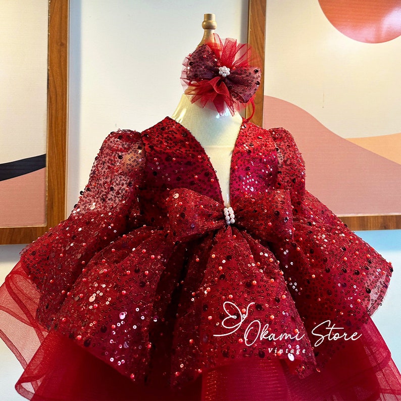 Beige Gold Christmas Baby Girl Tulle Dress, Baby Long Sleeves, Tutu Toddler Dress, Winter ...