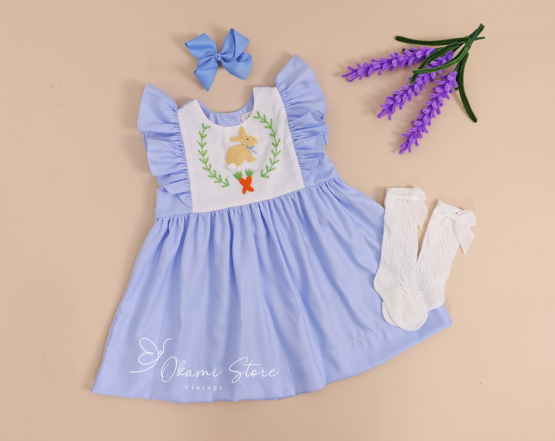Pastel Blue Easter Smocked Hand Embroidery Dress Lilac, Pink Bunny ...