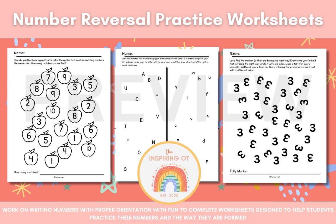 Number Reversal and Orientation Worksheets Bundle, Pediatric School ...