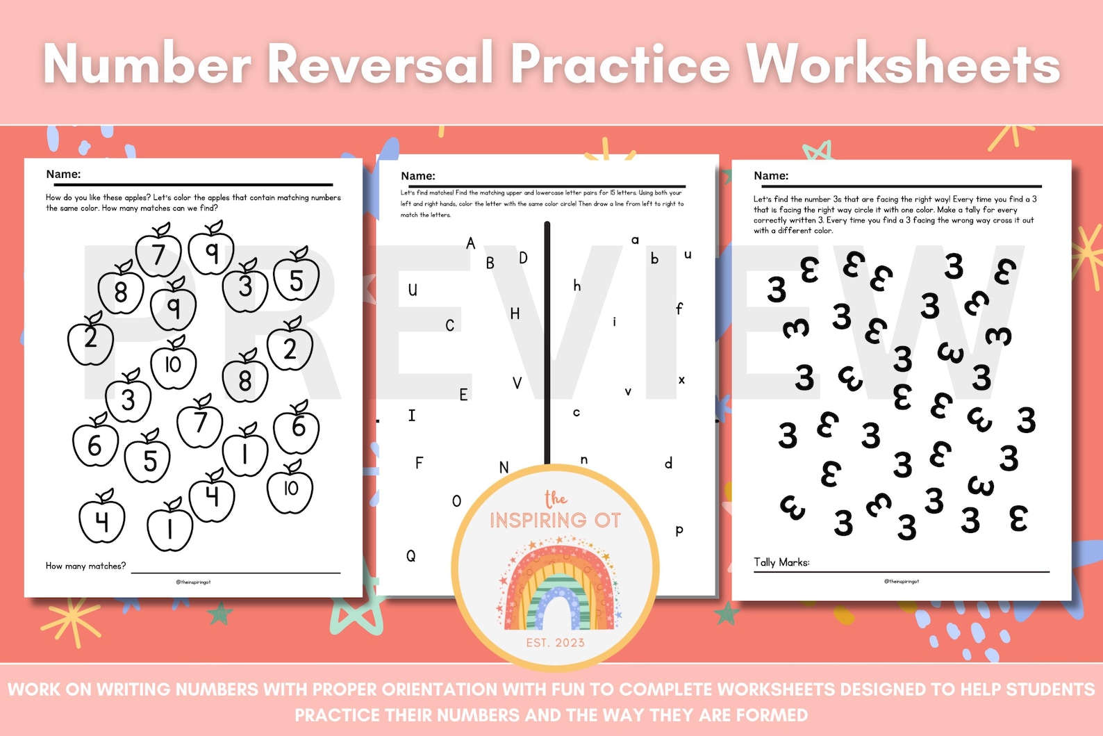 Number Reversal and Orientation Worksheets Bundle, Pediatric School ...