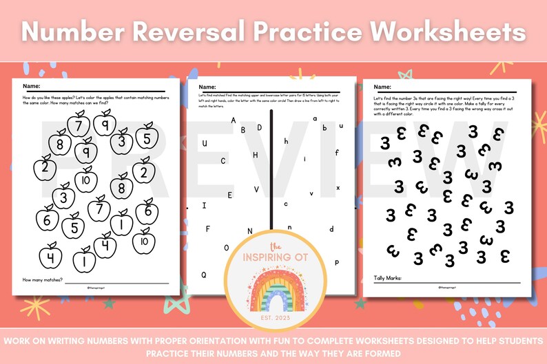 Number Reversal and Orientation Worksheets Bundle, Pediatric School ...
