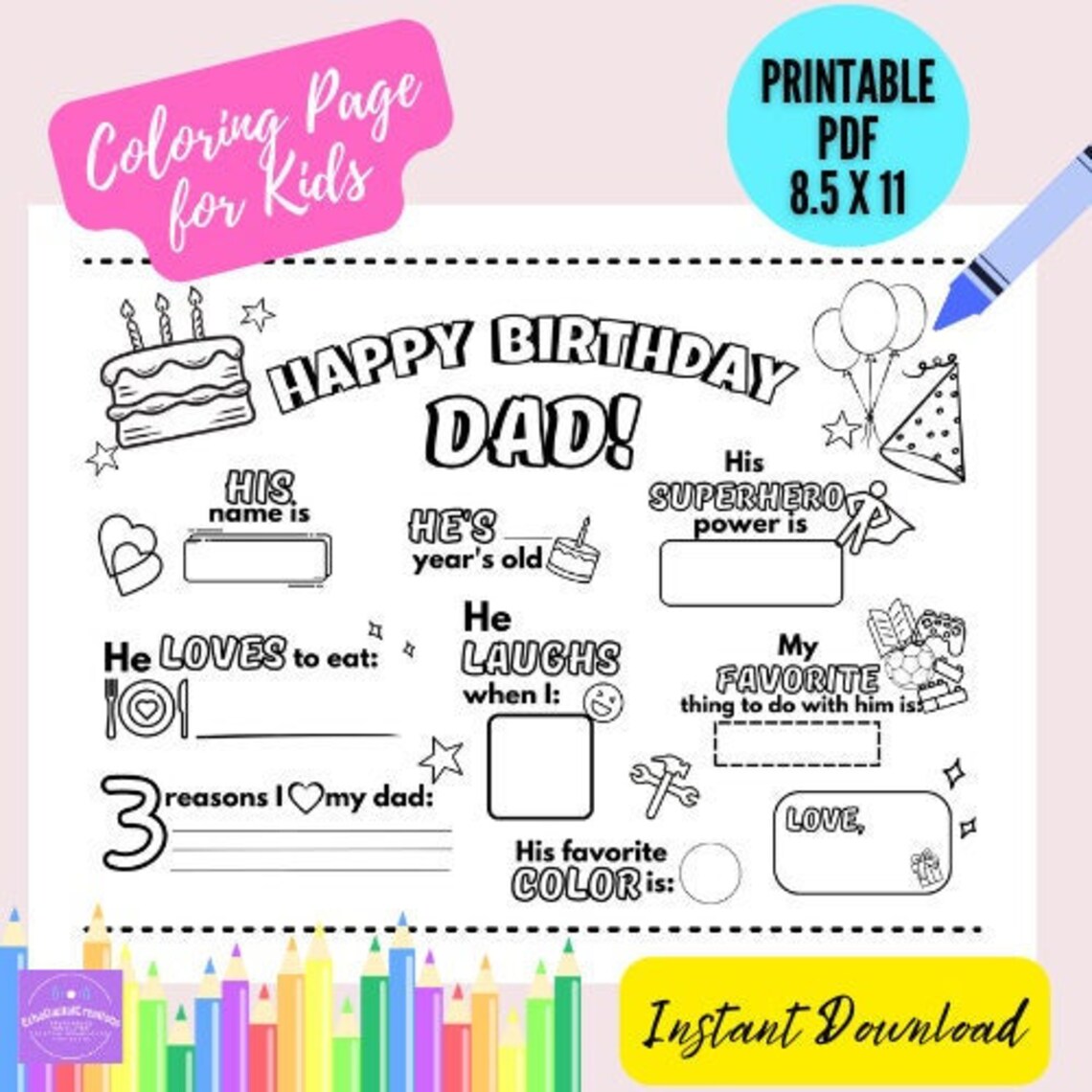 Dad Birthday Printable Coloring Page | Personalized Dad Birthday Gift ...