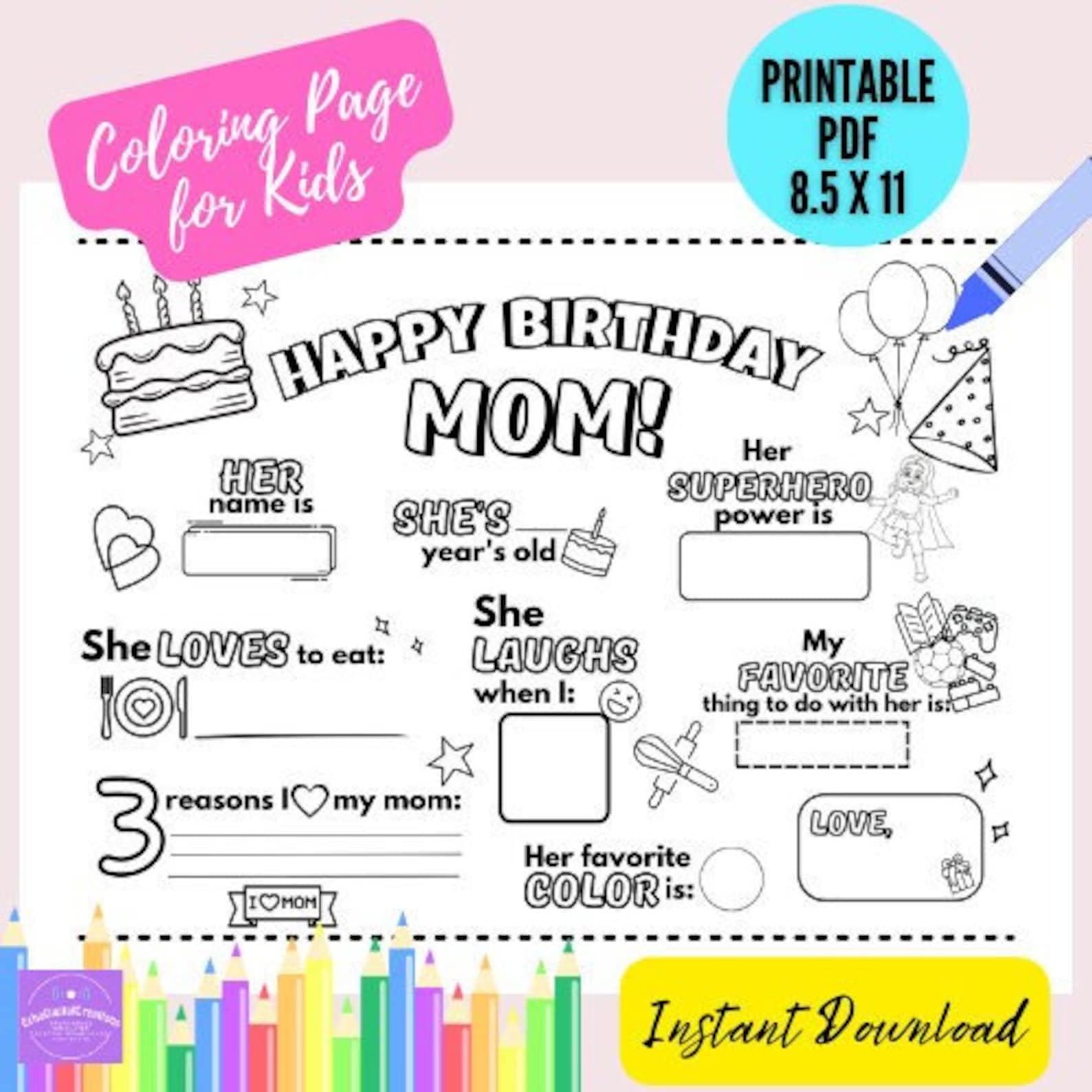 Mom Birthday Printable Coloring Page | Personalized Mom Birthday Gift ...