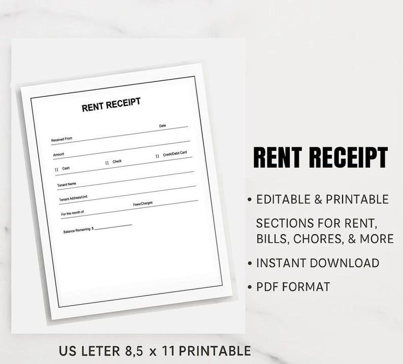 Rent Receipt Template Printable Editable Rental Payment Form PDF Files for Landlords or Tenants ...