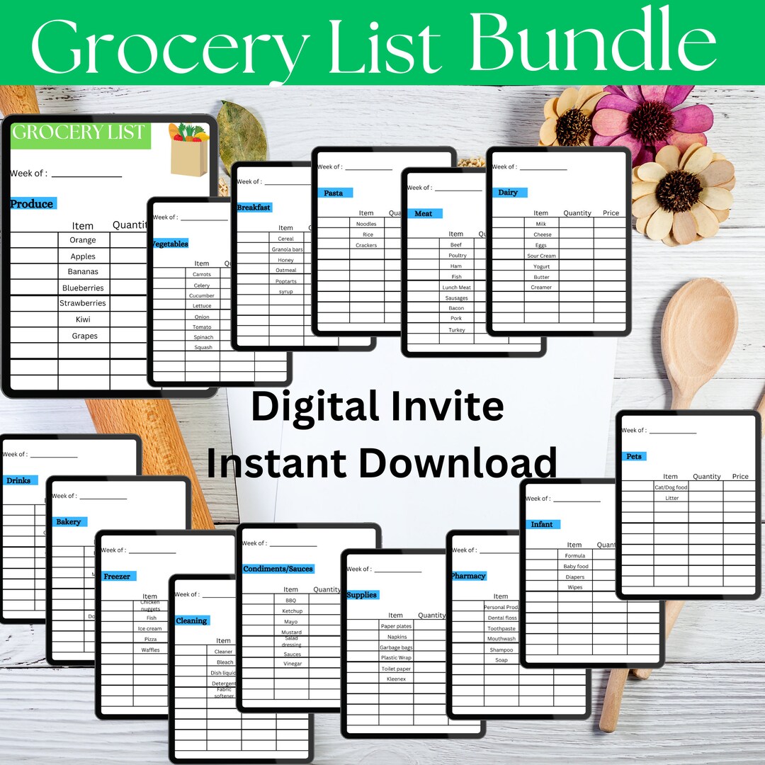 All-in-one Grocery List, Complete Grocery Checklist, Food List, Grocery ...