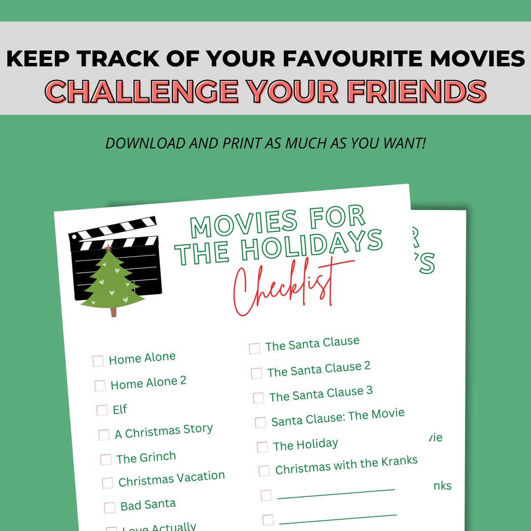 Holiday Movie Printable, Christmas Movie Tracker, Holiday Movie List ...