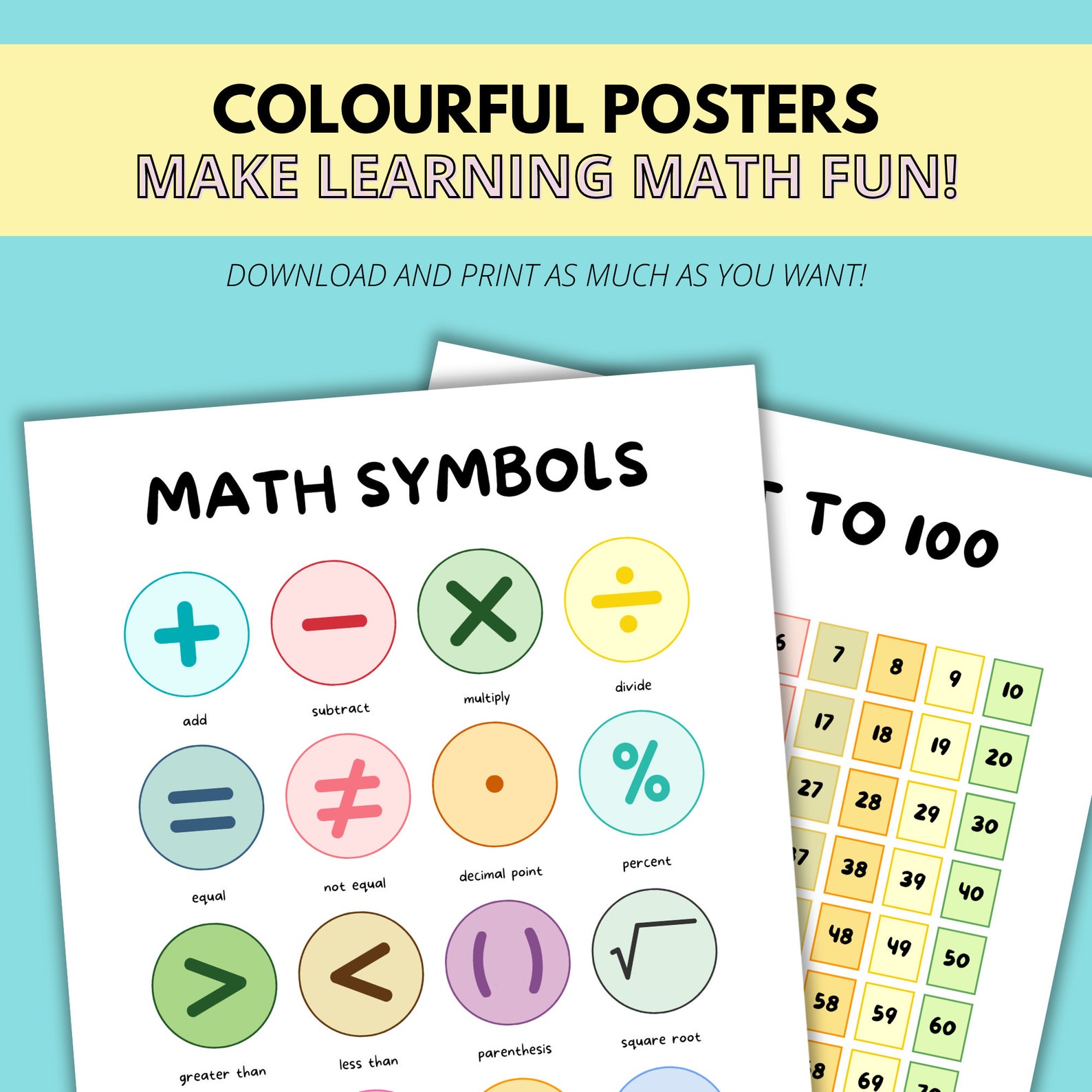 Math Poster Set, Count to 100 Poster, Learning Elementary Math ...