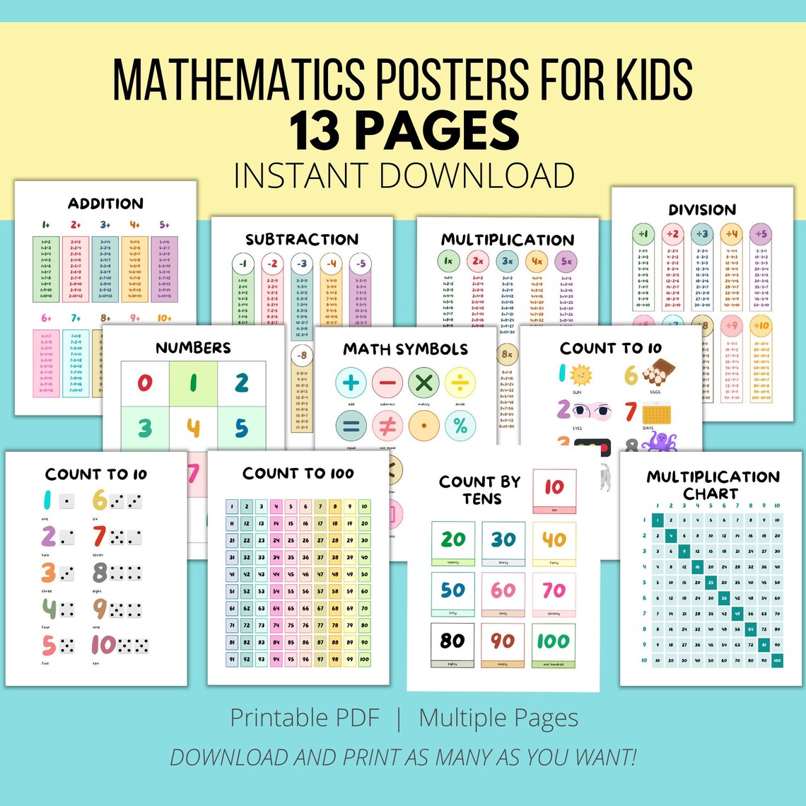 Math Poster Set, Count to 100 Poster, Learning Elementary Math ...