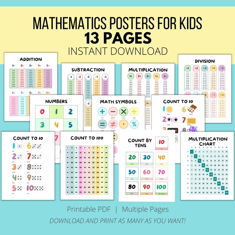 Math Poster Set, Count to 100 Poster, Learning Elementary Math ...