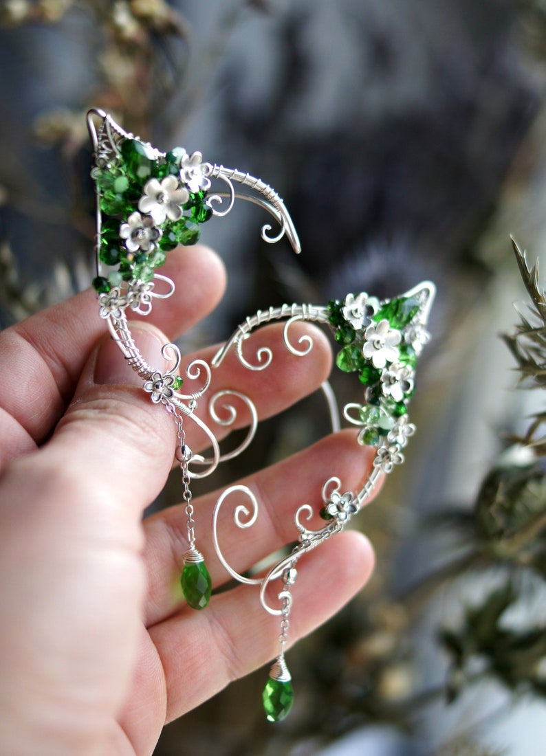 Green Forest Elven Ear Cuffs With Metal Flowers. No Piercing. - Etsy
