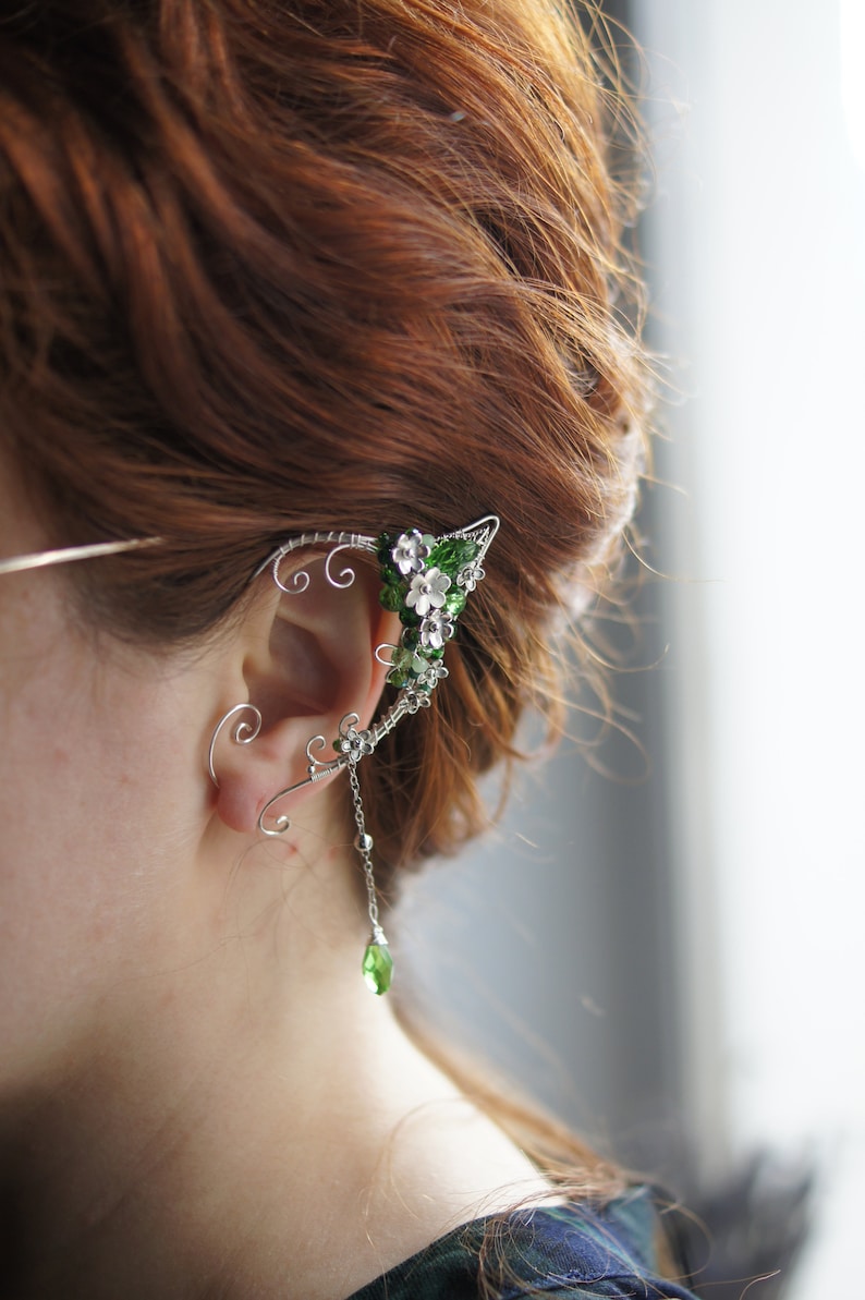 Green Forest Elven Ear Cuffs With Metal Flowers. No Piercing. - Etsy