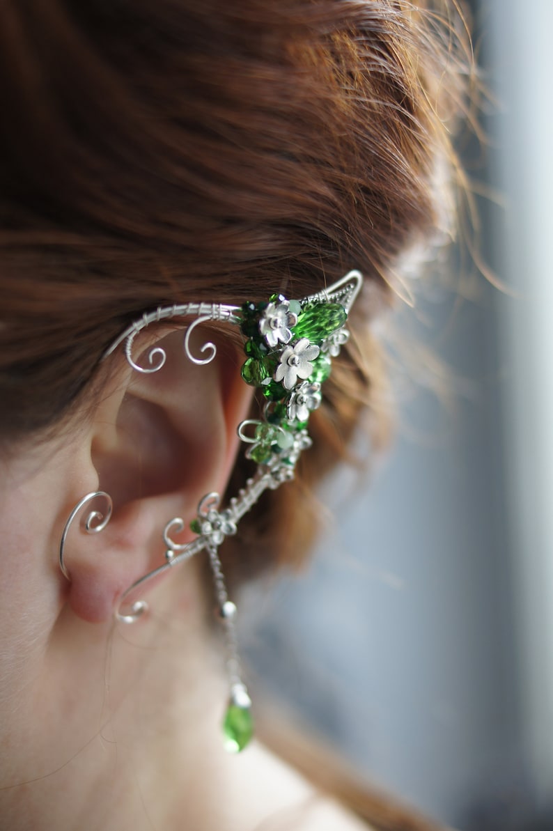 Green Forest Elven Ear Cuffs With Metal Flowers. No Piercing. - Etsy