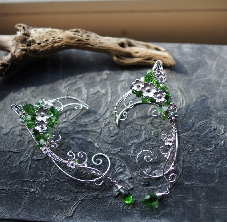 Green Forest Elven Ear Cuffs With Metal Flowers. No Piercing. - Etsy