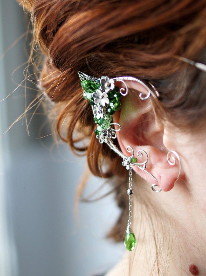 Green Forest Elven Ear Cuffs With Metal Flowers. No Piercing. - Etsy