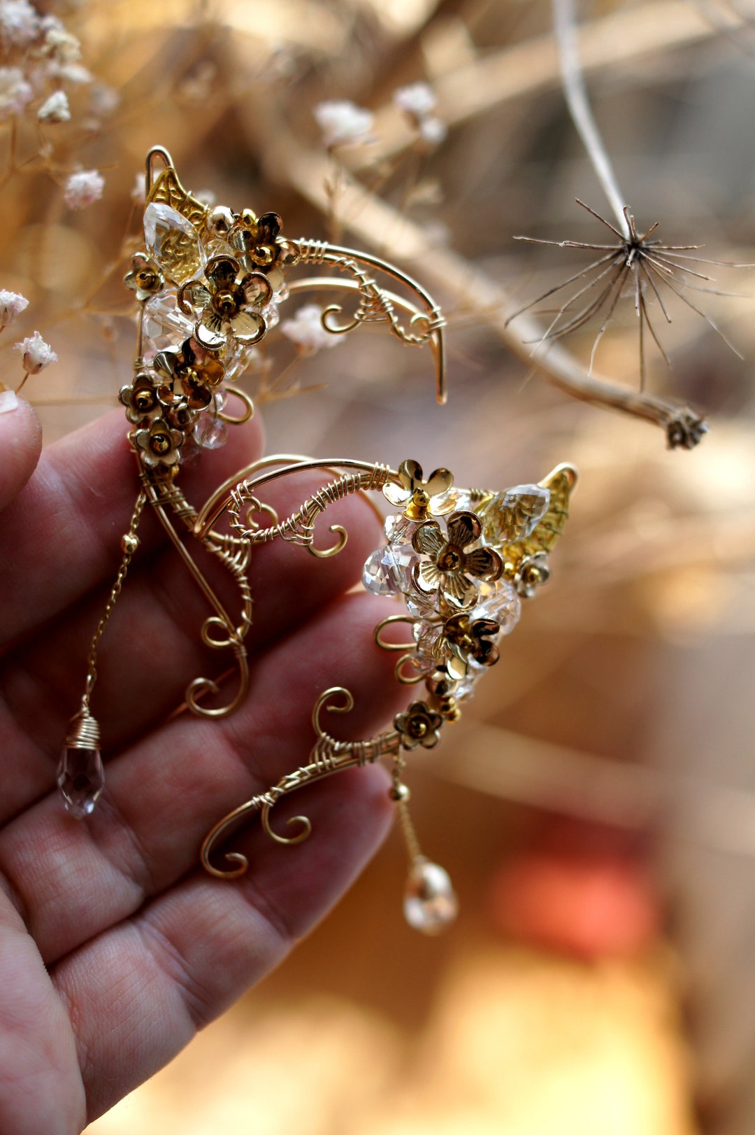 Forest Elven Ear Cuffs With Transparent Beads. No Piercing. Cosplay Elf ...