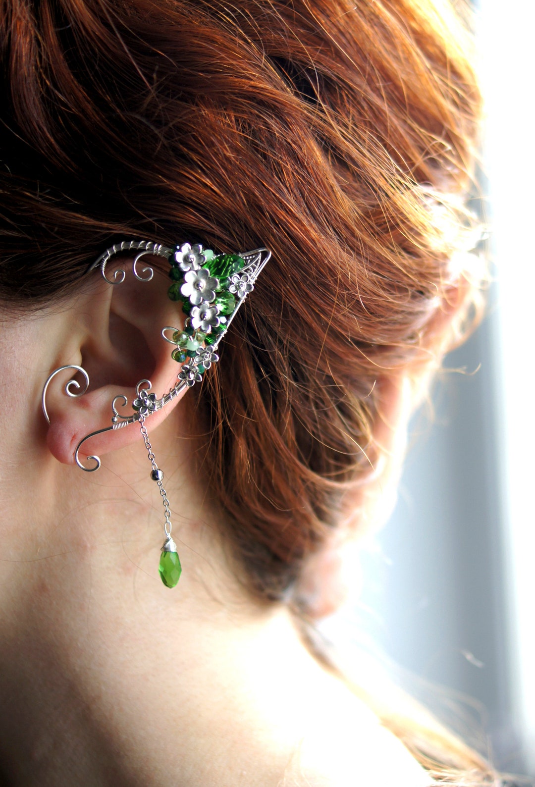 Green Forest Elven Ear Cuffs With Metal Flowers. No Piercing. Cosplay ...