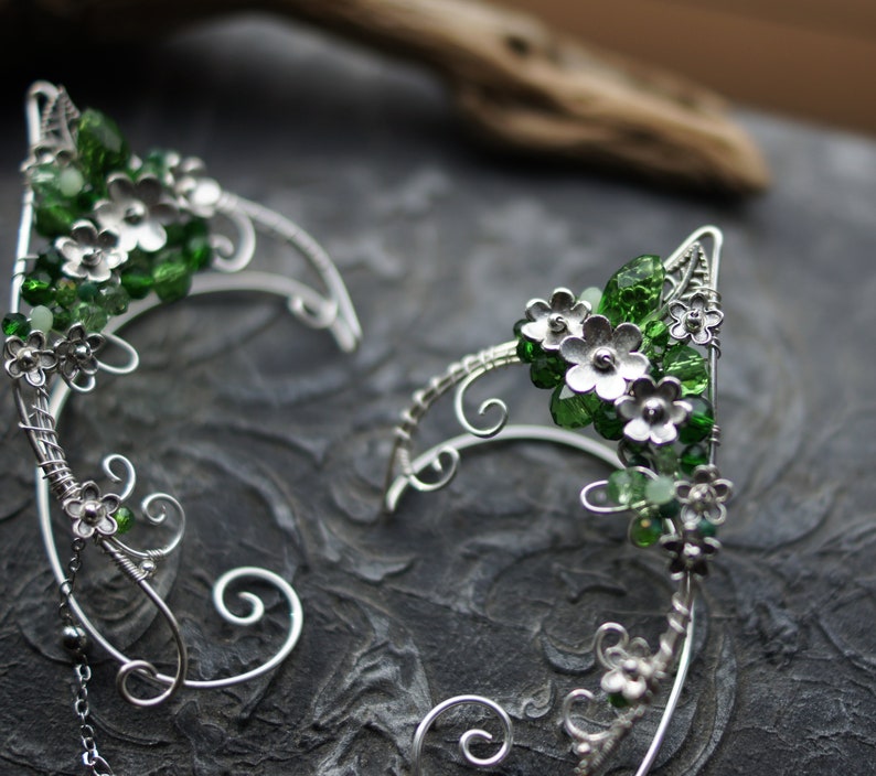 Green Forest Elven Ear Cuffs With Metal Flowers. No Piercing. - Etsy