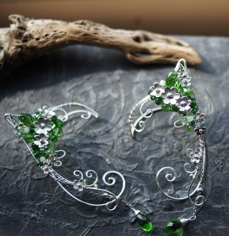 Green Forest Elven Ear Cuffs With Metal Flowers. No Piercing. - Etsy
