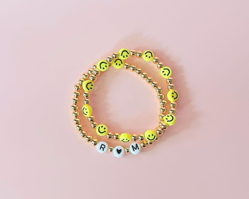Smiley Face Letter Bead Bracelet Custom Bracelet Stack Custom Name ...