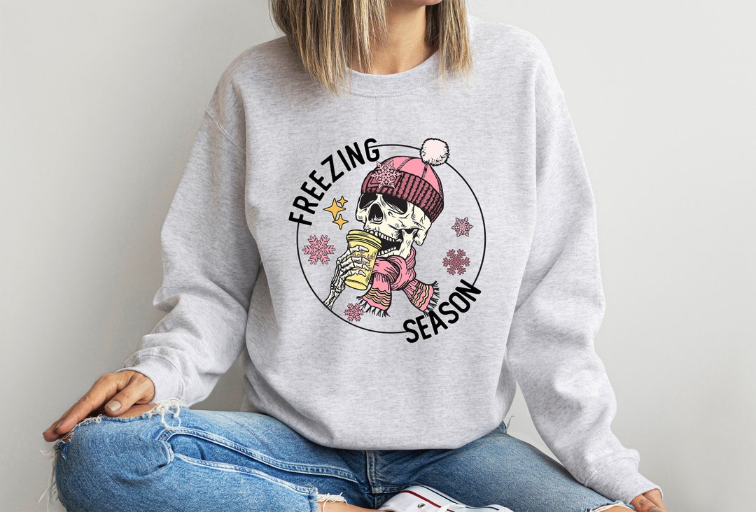 Pink Freezing Season Sweatshirt, Skull Sweatshirt, Funny Winter ...
