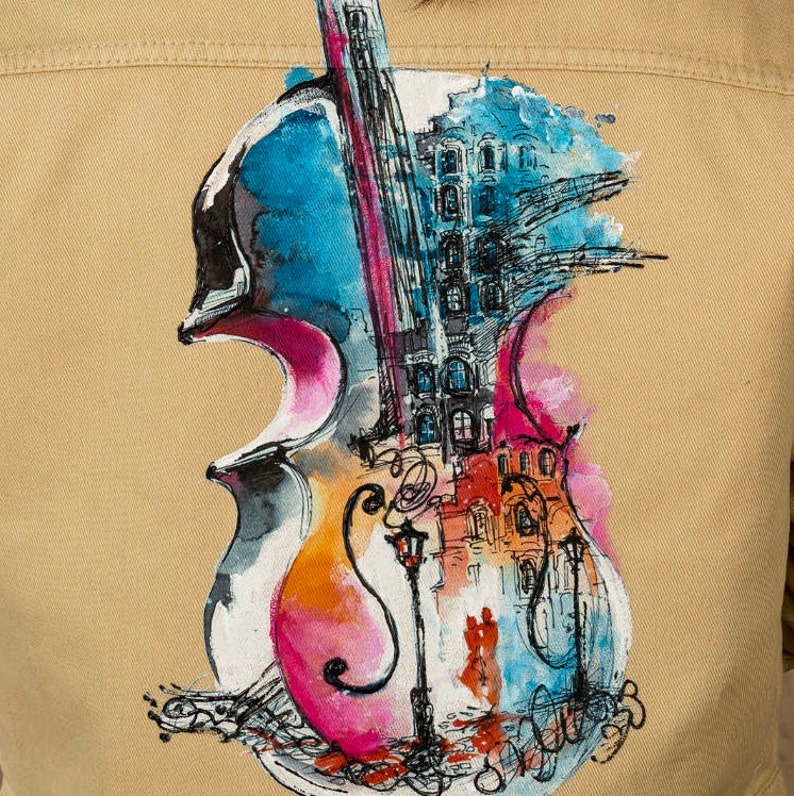 City of Violin Jacket - Hand-painted Denim Jean, Handmade Spring ...