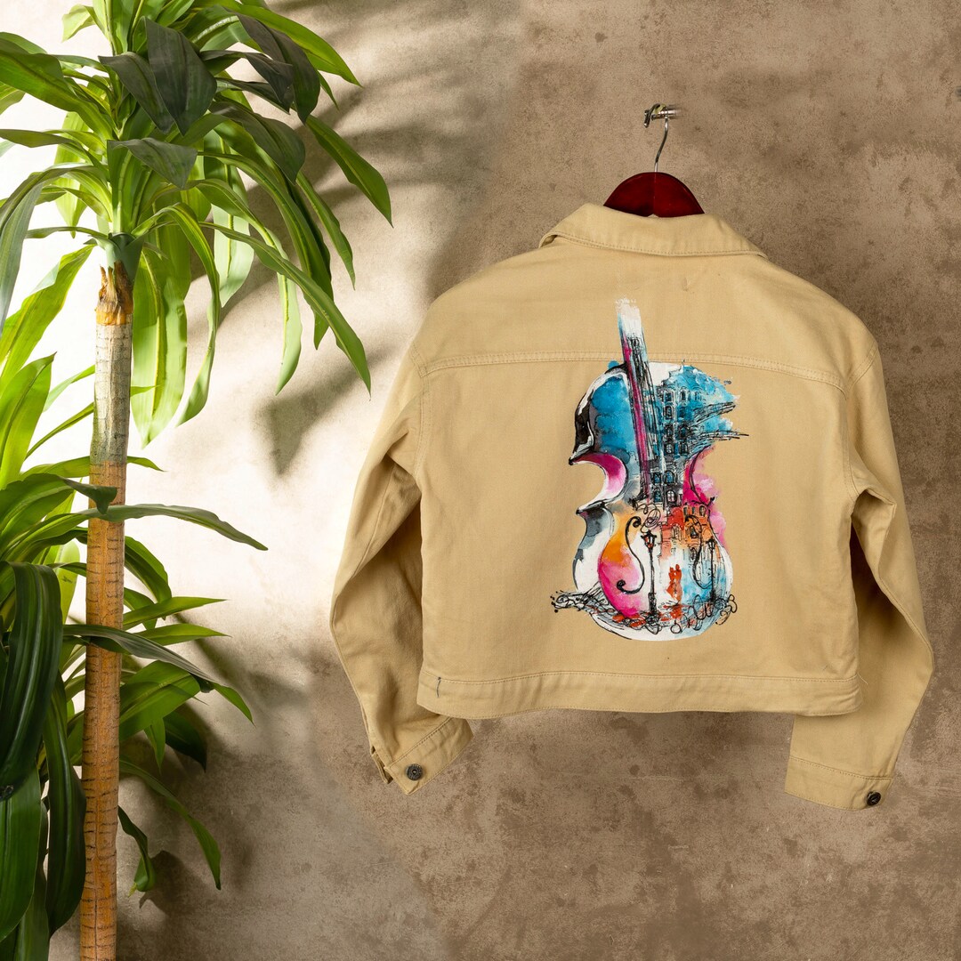 City of Violin Jacket - Hand-painted Denim Jean, Handmade Spring ...