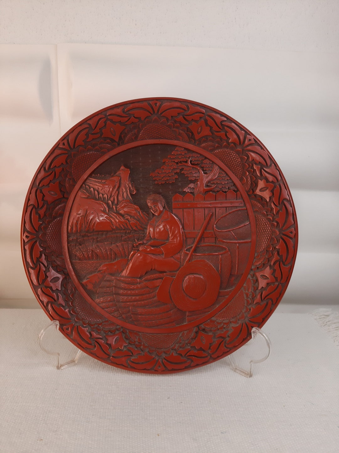 Chinese Carved Cinnabar Lacquer Plate - Etsy
