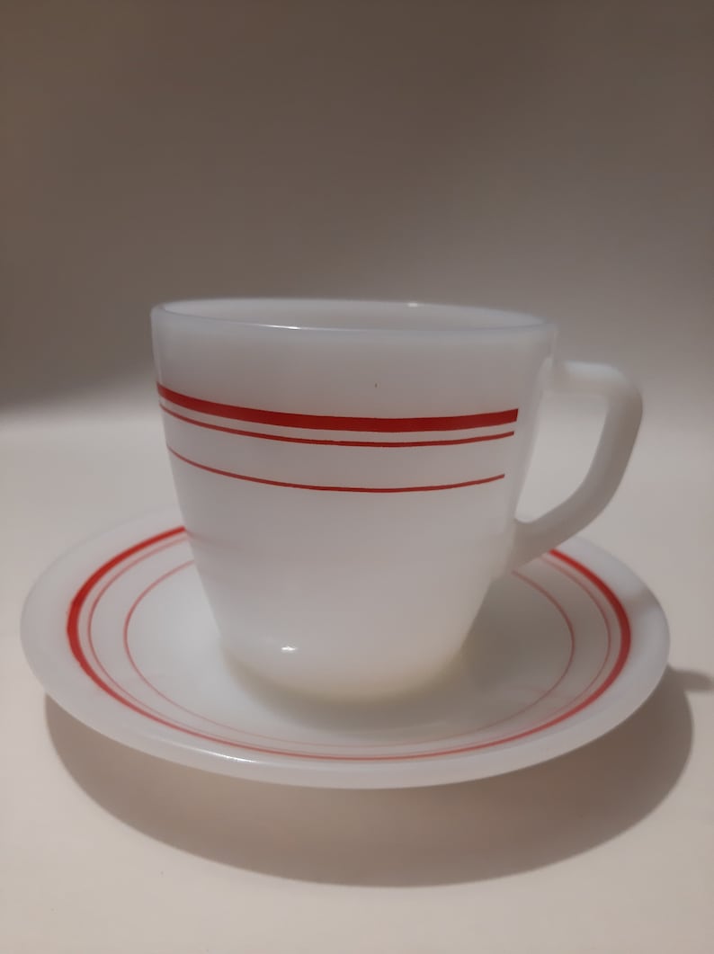 Cups With Saucer Termocrisa Milk Glass With Red Stripes, 70s, Vintage ...
