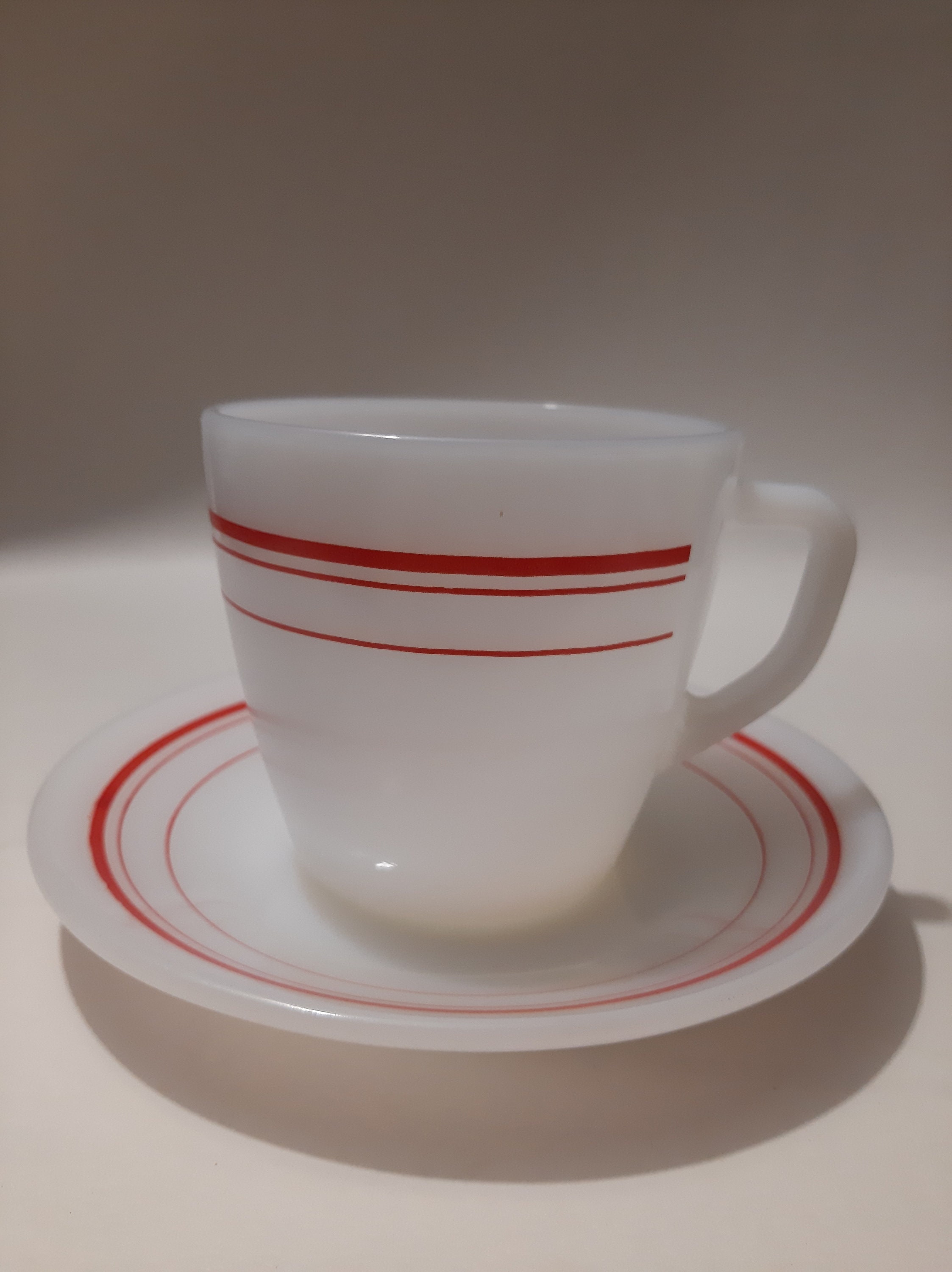 Cups With Saucer Termocrisa Milk Glass With Red Stripes, 70s, Vintage ...