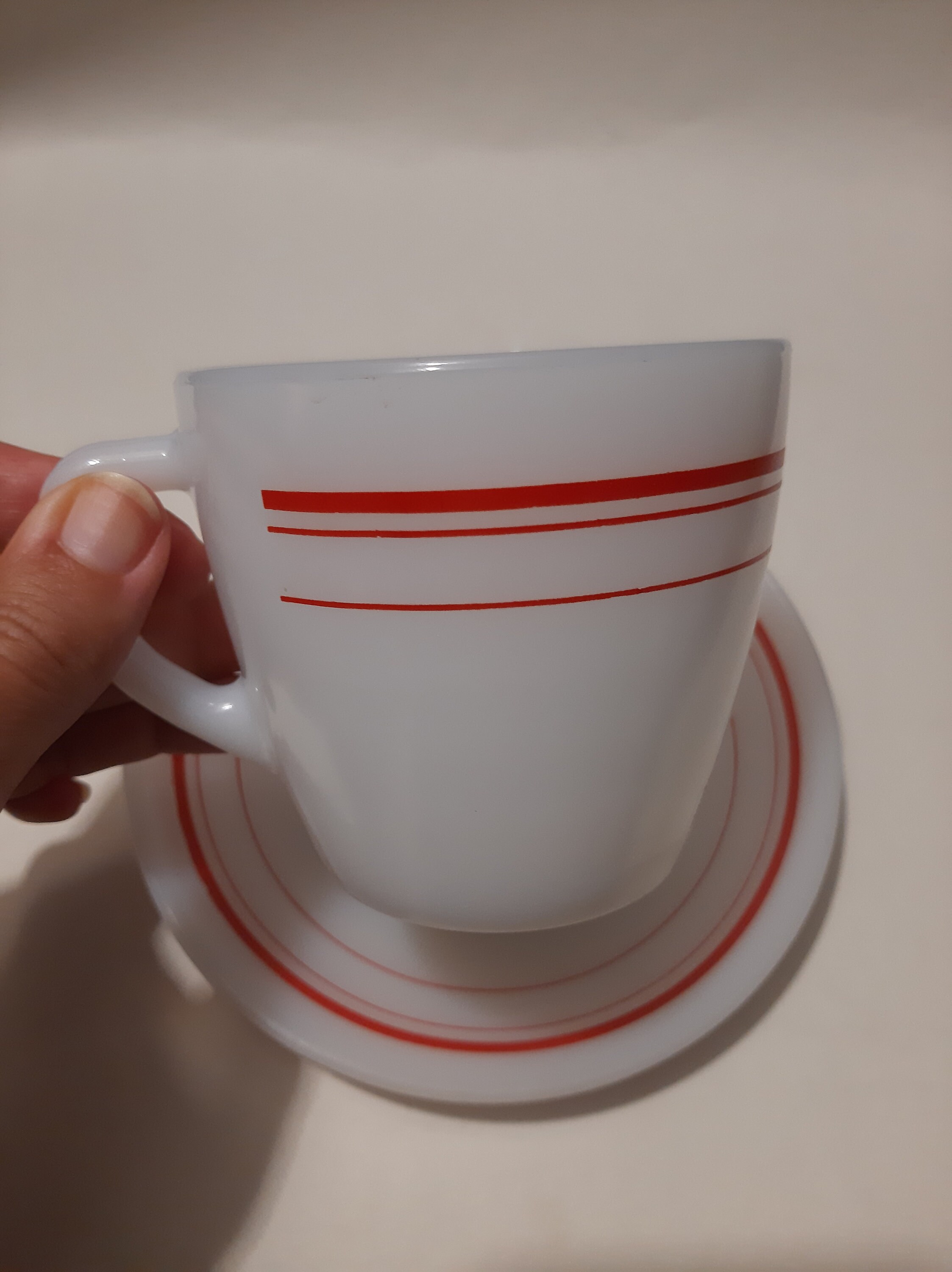Cups With Saucer Termocrisa Milk Glass With Red Stripes, 70s, Vintage ...