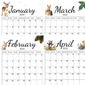 Digital 2024 Calendar Woodland Animals Calendar Printable Calendar Desk ...