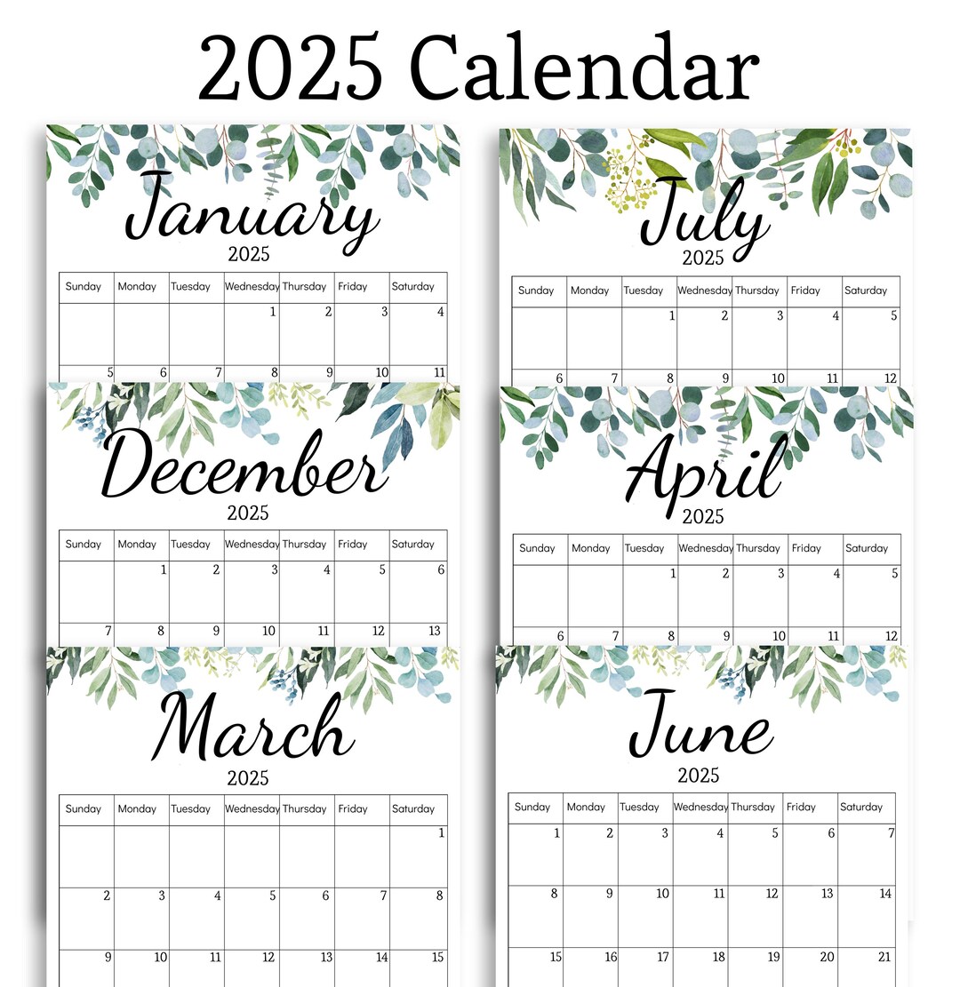 2025 Digital Calendar Leaf Eucalyptus Calendar Greenery Printable ...