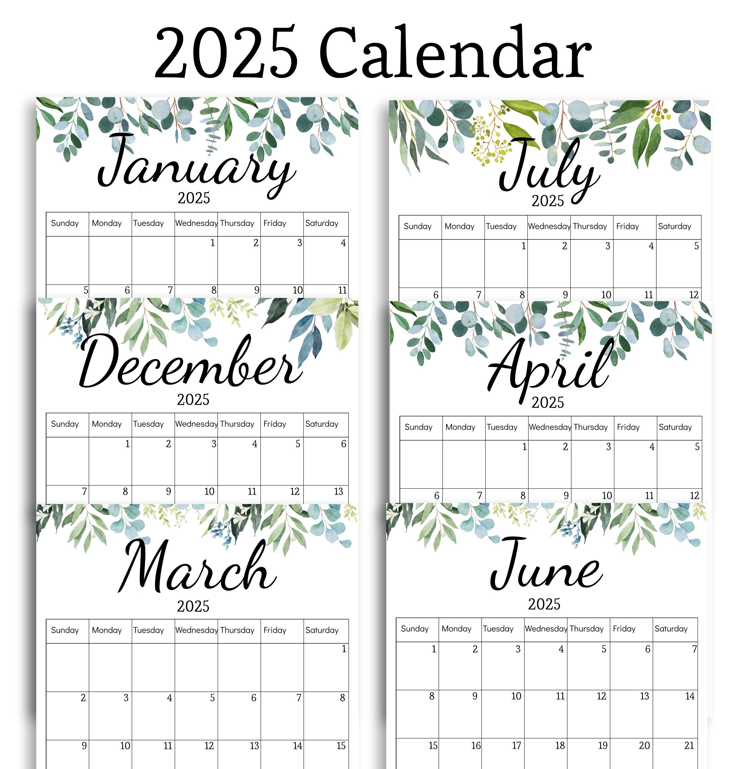 2025 Digital Calendar Leaf Eucalyptus Calendar Greenery Printable ...