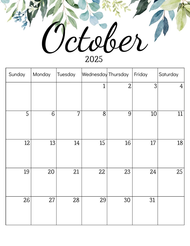2025 Digital Calendar Leaf Eucalyptus Calendar Greenery Printable ...