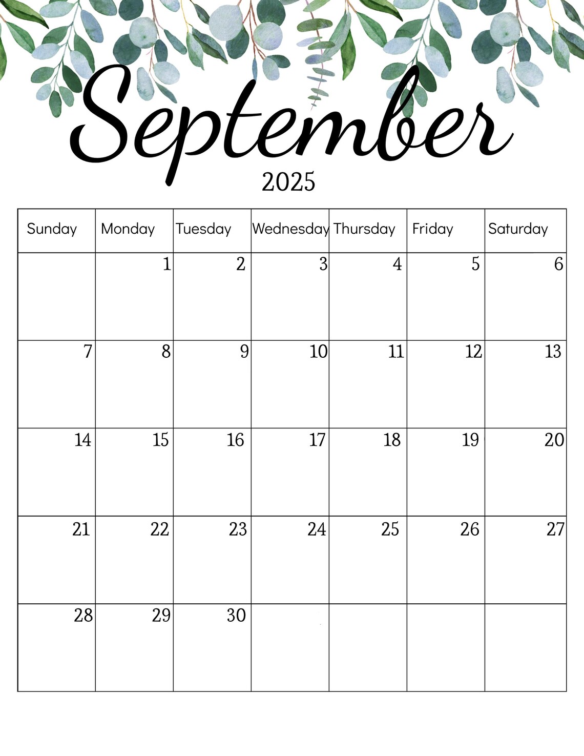 2025 Digital Calendar Leaf Eucalyptus Calendar Greenery Printable ...