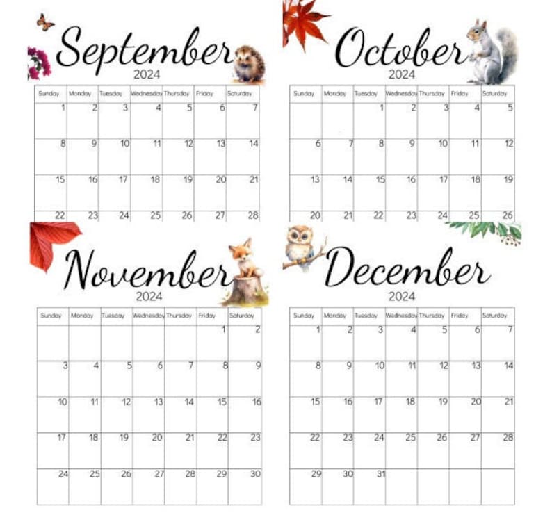 Digital 2024 Calendar Woodland Animals Calendar Printable Calendar Desk ...