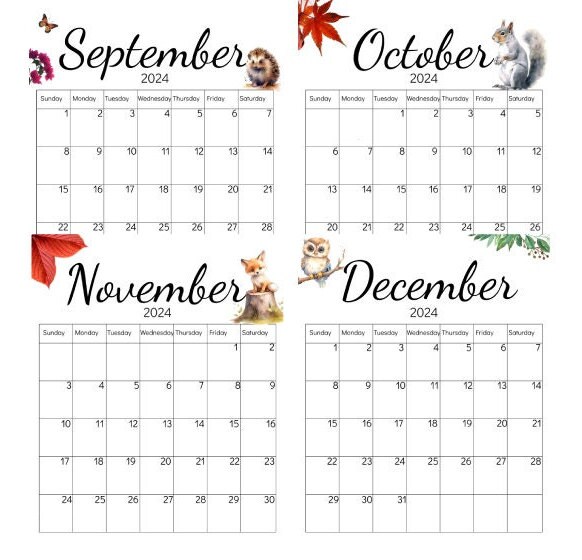 Digital 2024 Calendar Woodland Animals Calendar Printable Calendar Desk ...