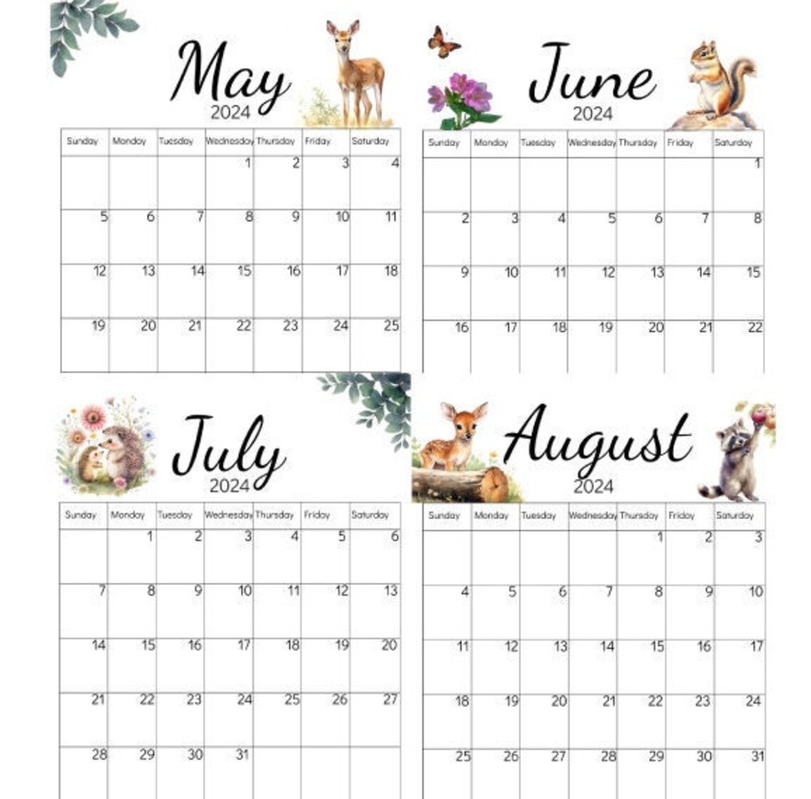 Digital 2024 Calendar Woodland Animals Calendar Printable Calendar Desk ...