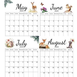 Digital 2024 Calendar Woodland Animals Calendar Printable Calendar Desk ...