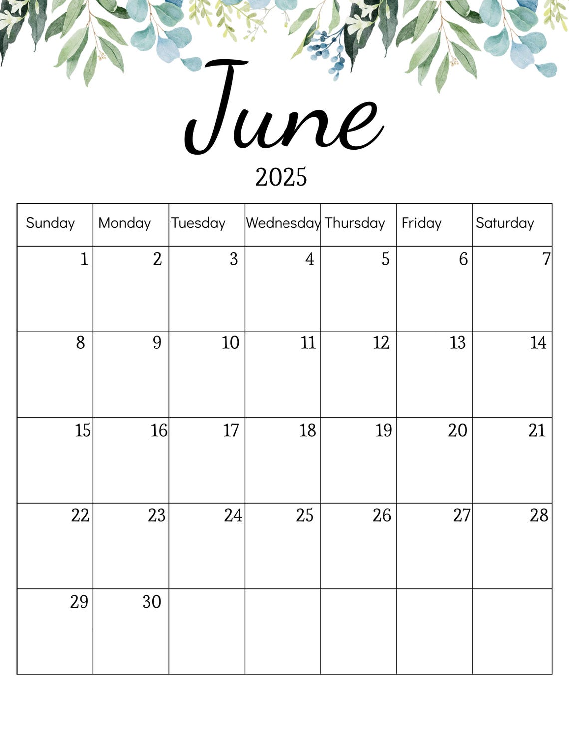 2025 Digital Calendar Leaf Eucalyptus Calendar Greenery Printable ...