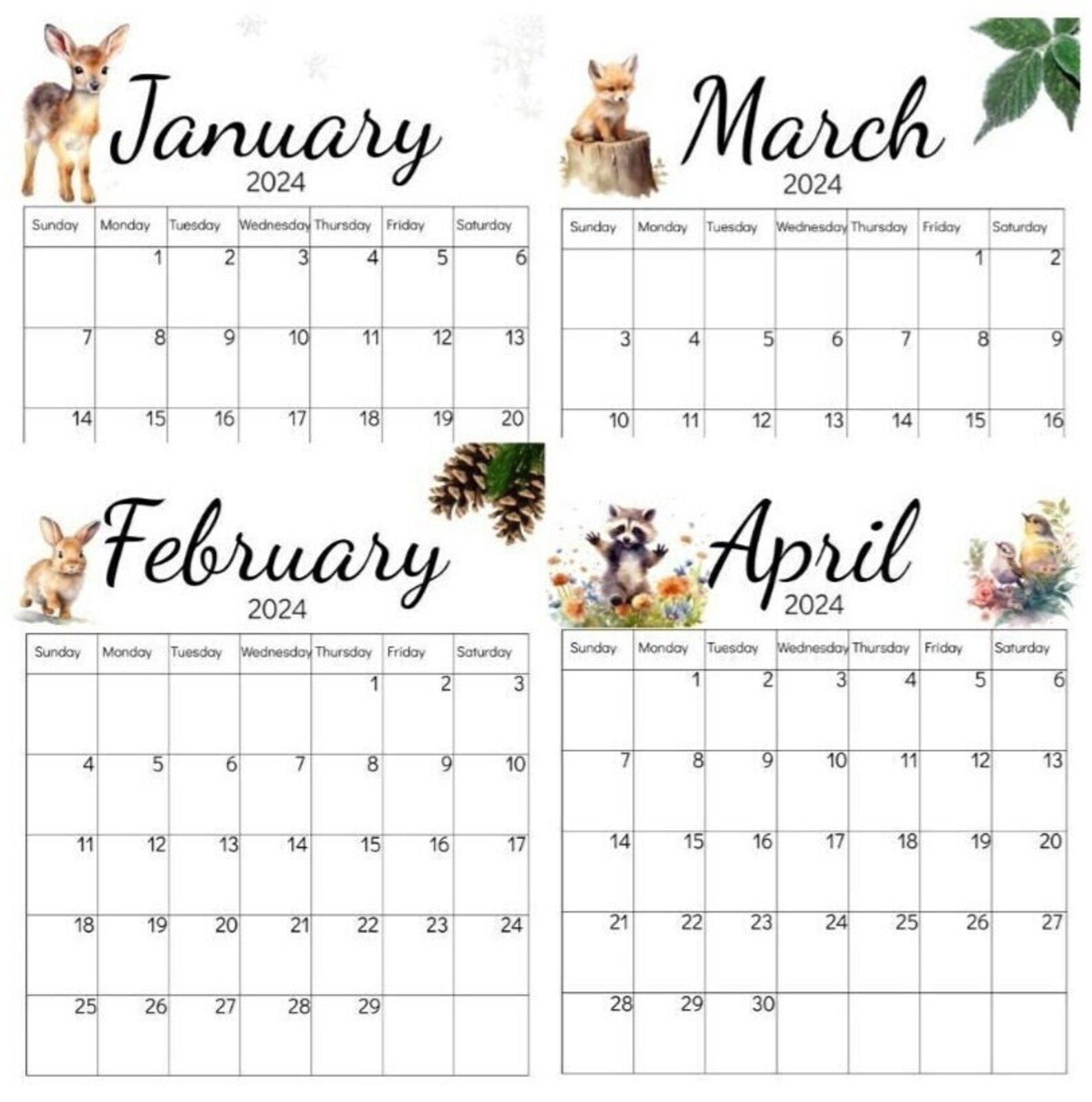 Digital 2024 Calendar Woodland Animals Calendar Printable Calendar Desk ...